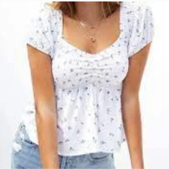 PacSun | Tops | Pacsun La Heart Floral Crop Top Shirred Boho White Blue ...